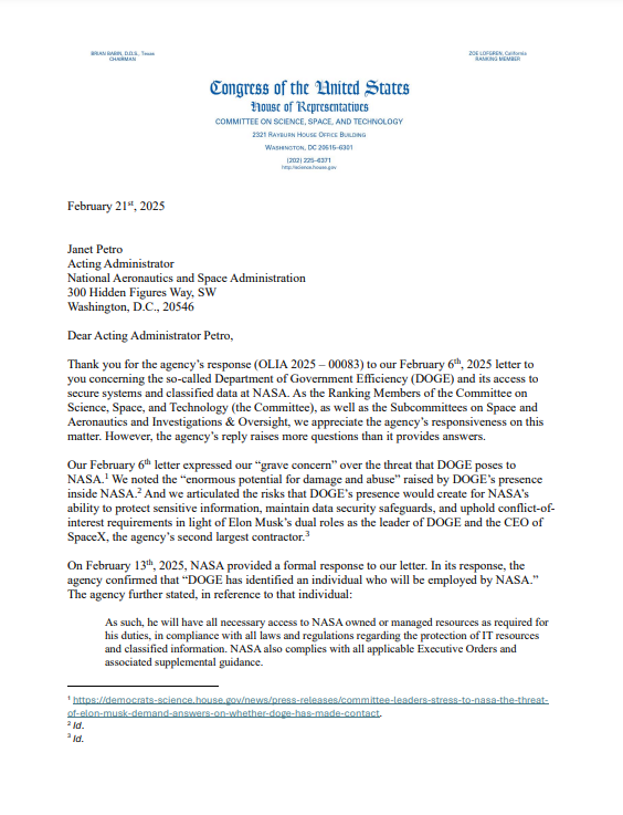 Congressional Letter: Concerns About DOGE at NASA – Our Awesome Universe